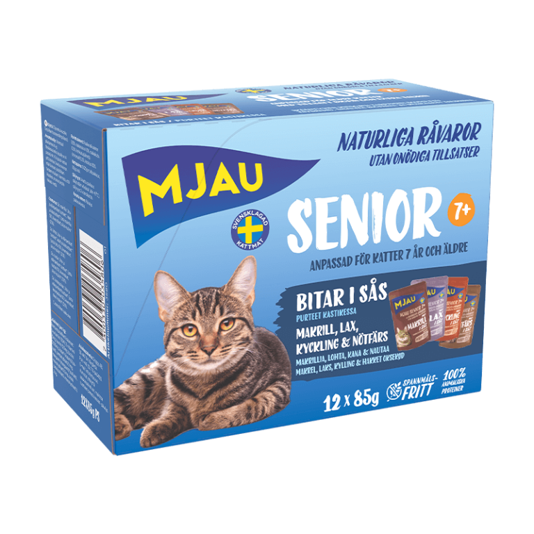 Mjau multibox Senior – 12 portionspåsar bitar i sås med fisk- och ...